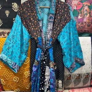 Women Long Silk Patchwork Kimono | Boho Kimono Duster Jacket ...