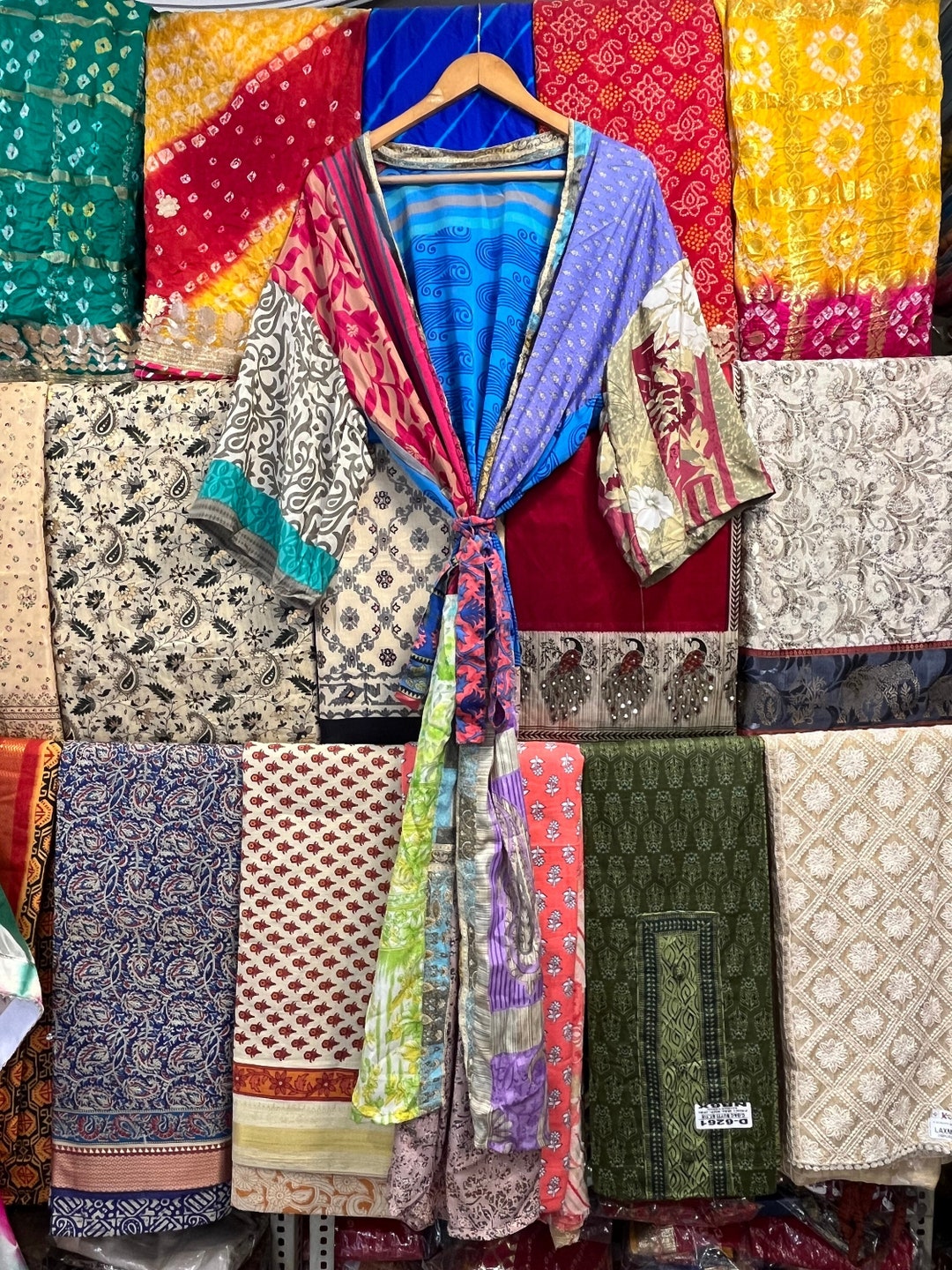 Multi Patchwork Kimono, Women Silk Bathrobe, Recycled Silk Patchwork ...