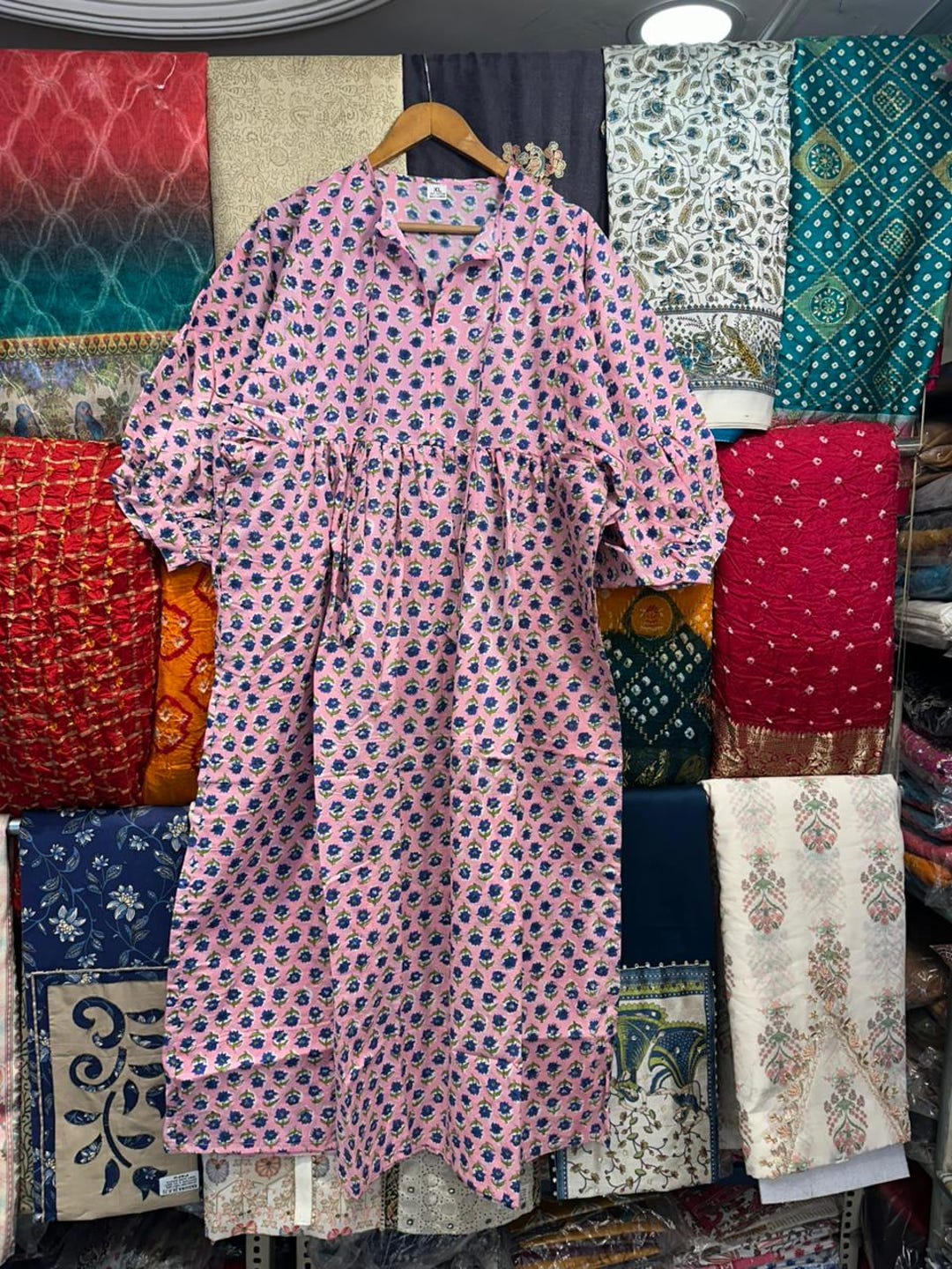 Pink Floral Block Print Cotton Midi Dress, Handmade Indian Boho ...