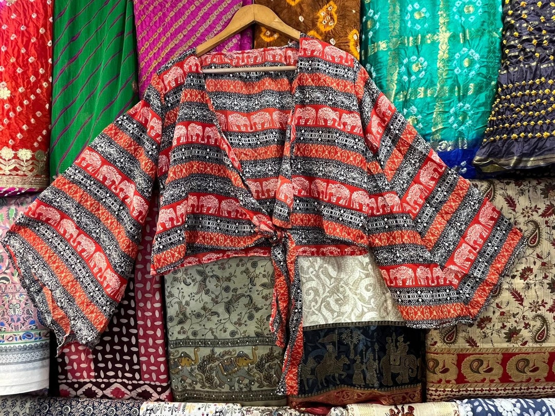 70s Indian Bell Sleeve Silk Wrap Top, Women Front Tie Pattern Silk Top ...