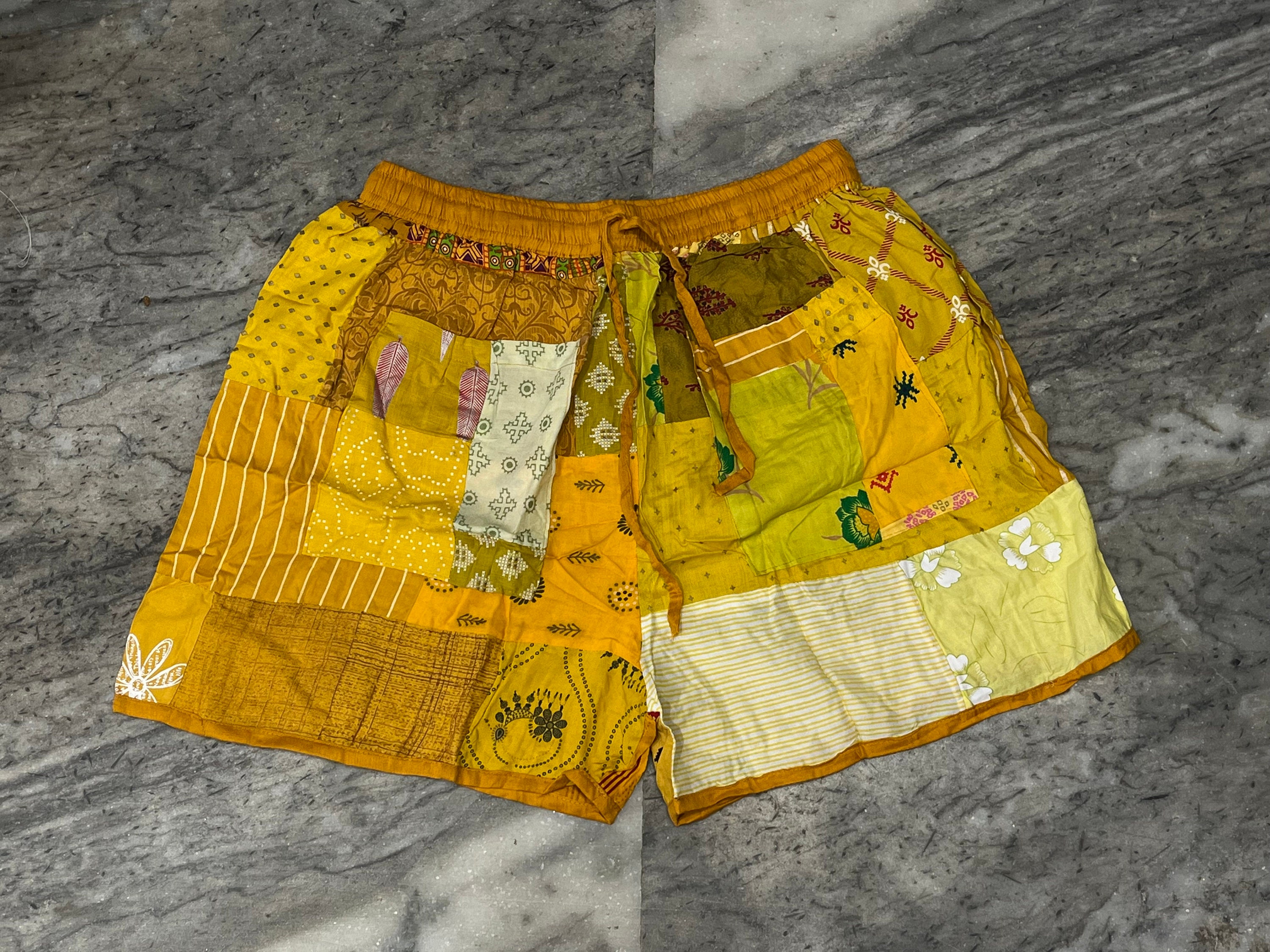 Mens Yellow Patchwork Shorts, Handmade Rayon Boho Hippie Yoga Comfy ...