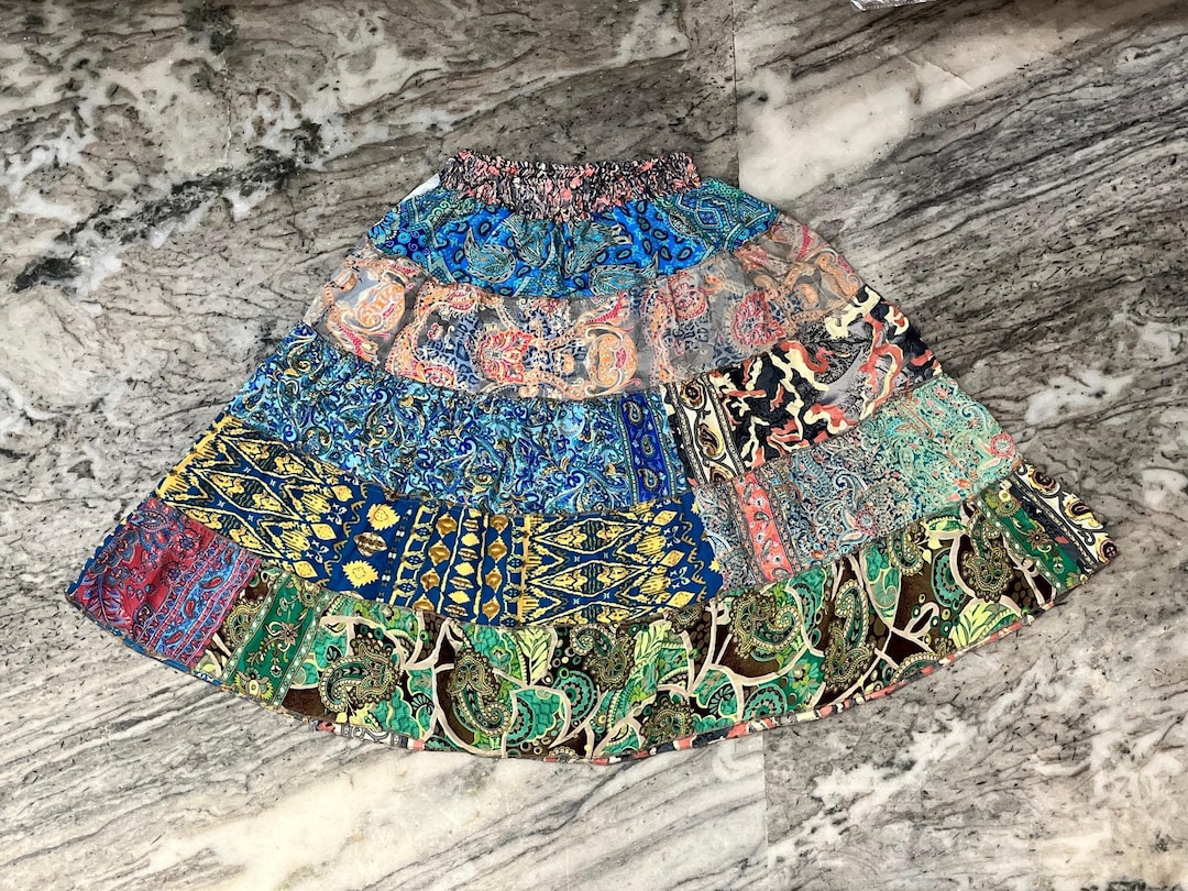 Recycle Silk Sari Patchwork Short Skirt, Gypsy Belly Dance Skirt, Multi Layer Silk Tiered Skirt ...