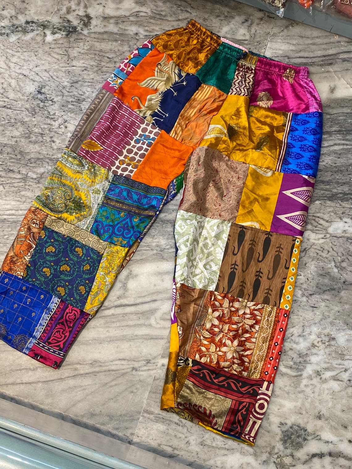 Assorted Saree Patch Work Silk Palazo Pant, Unisex Recycle Silk Patch ...