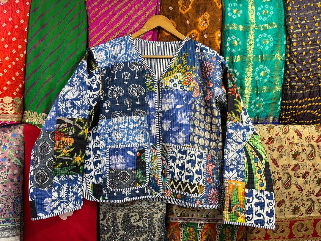 Blue Color Patch Work Jacket, Quilted Reversible Jacket for Women ...