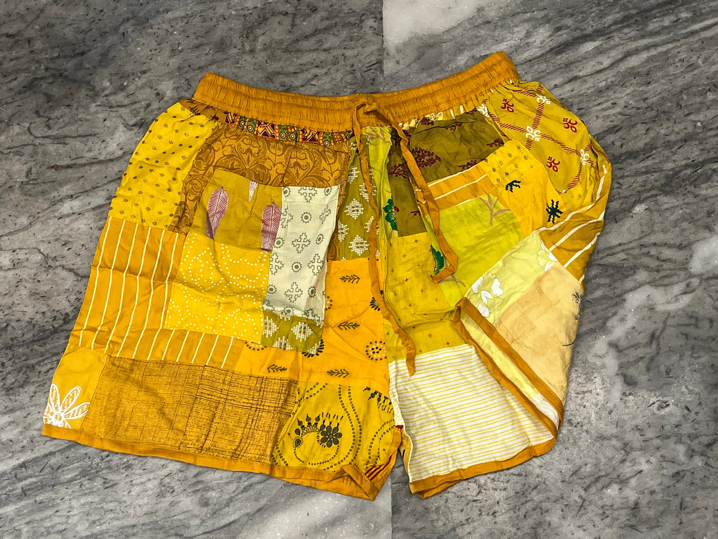 Mens Yellow Patchwork Shorts, Handmade Rayon Boho Hippie Yoga Comfy ...