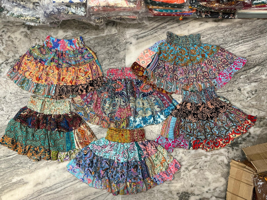 Recycled Short Silk Skirts, Patch Work Mini Short Skirt, Festival Party ...