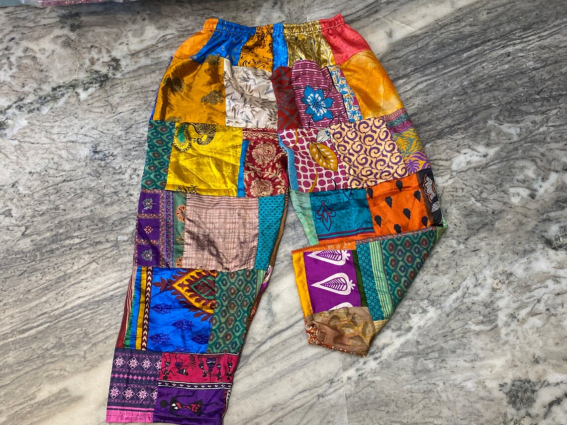 Assorted Saree Patch Work Silk Palazo Pant, Unisex Recycle Silk Patch ...