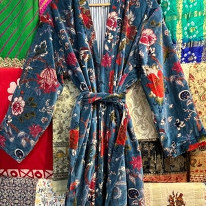 Women's Bird Print Velvet Kimono Robe, Luxury Resort Wear Kimono, Long ...