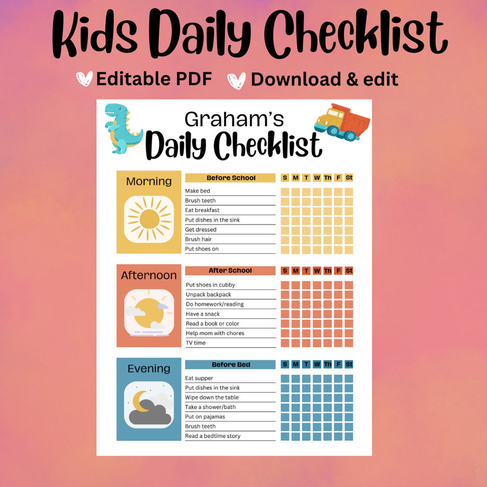 Daily Checklist Chore Chart Kids, Daily Routine Printable, Kid to Do ...