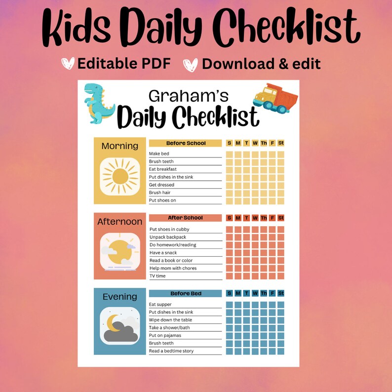 Daily Checklist Chore Chart Kids, Daily Routine Printable, Kid to Do ...