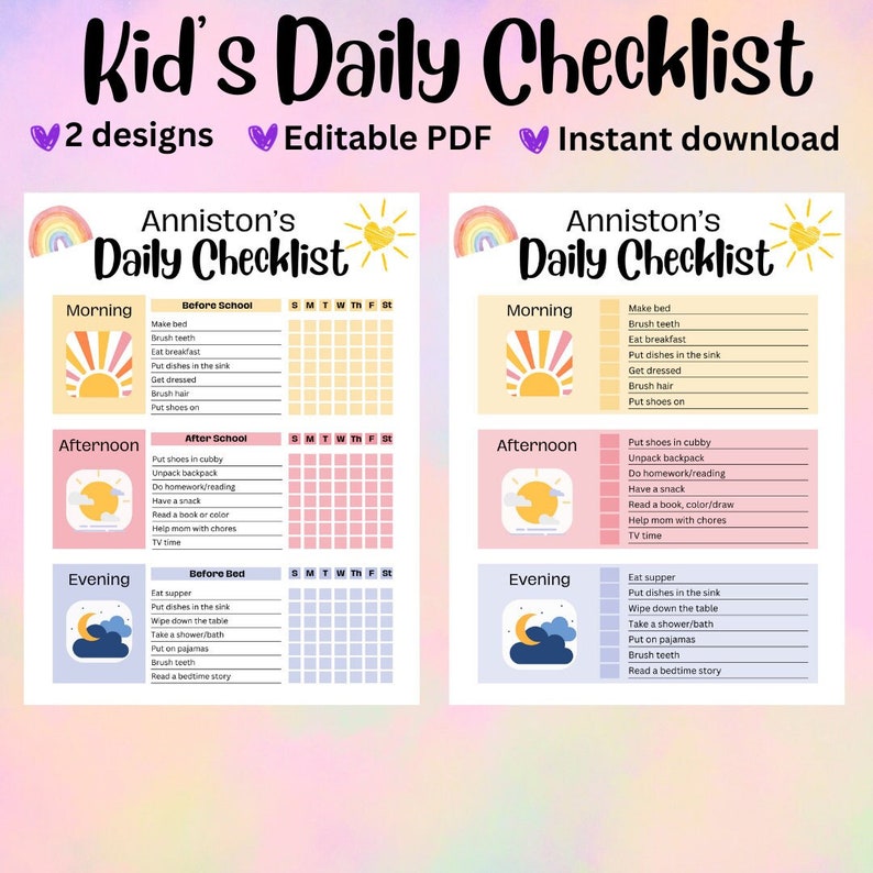 Daily Checklist Chore Chart Kids, Daily Routine Printable, Kid to Do ...