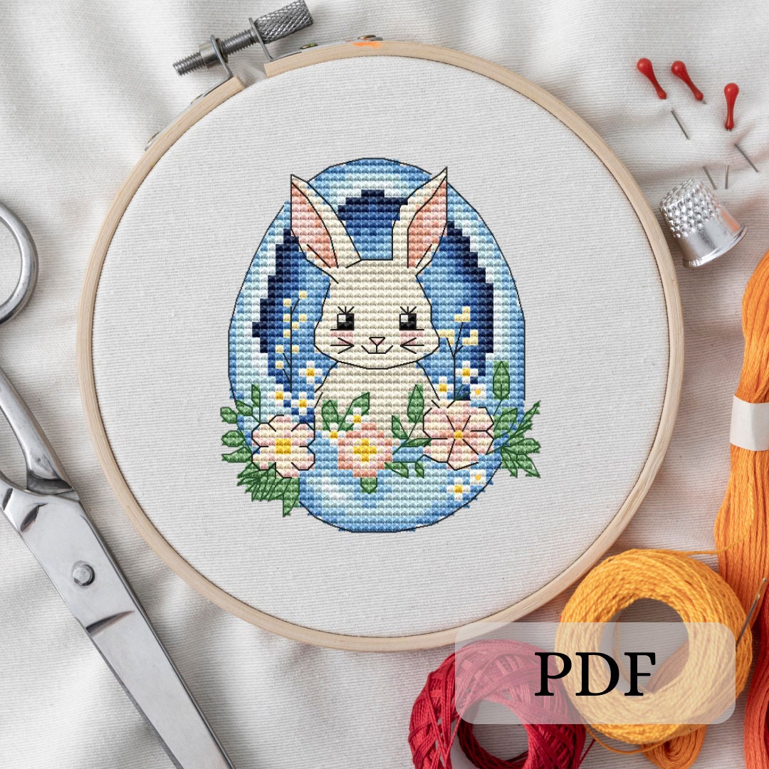 Easter Bunny in Egg Cross Stitch Pattern PDF, Modern Easter Rabbit ...