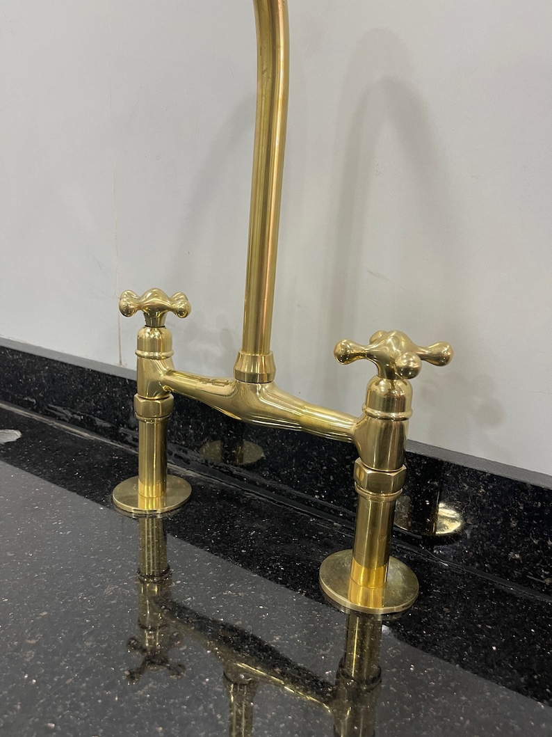 Unlacquered Solid Brass 8" Bridge Faucet With Simple Cross Handles and ...