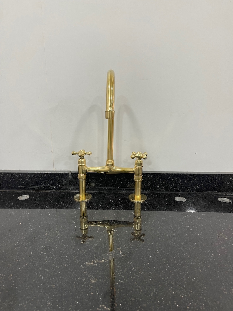 Unlacquered Solid Brass 8" Bridge Faucet With Simple Cross Handles and ...