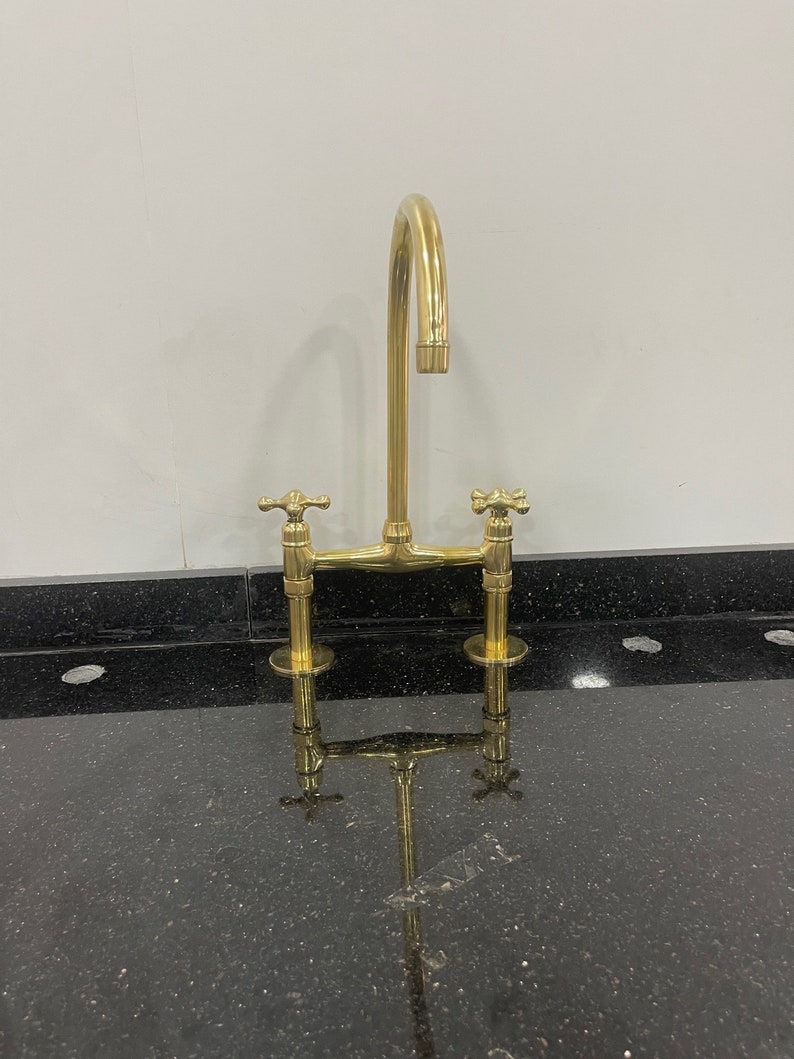 Unlacquered Solid Brass 8" Bridge Faucet With Simple Cross Handles and ...