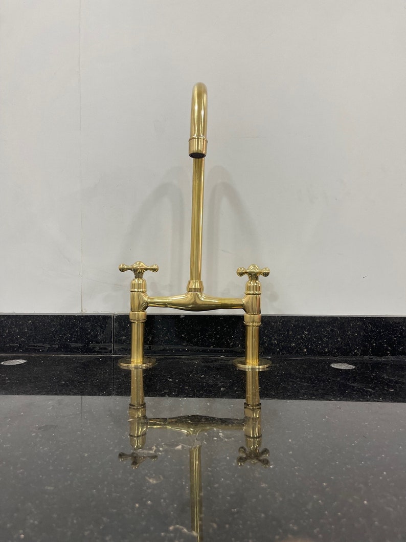 Unlacquered Solid Brass 8" Bridge Faucet With Simple Cross Handles and ...