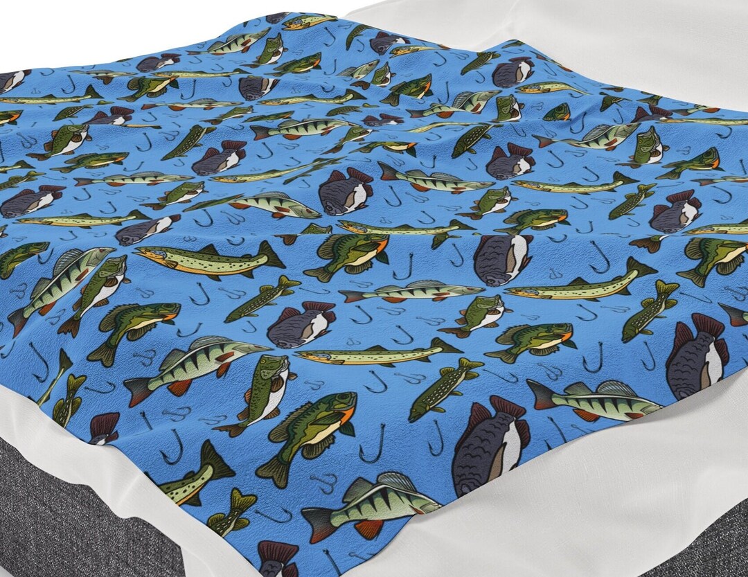 Fish and Hooks Velveteen Plush Blanket, Fishing Blanket, Plush Men's ...