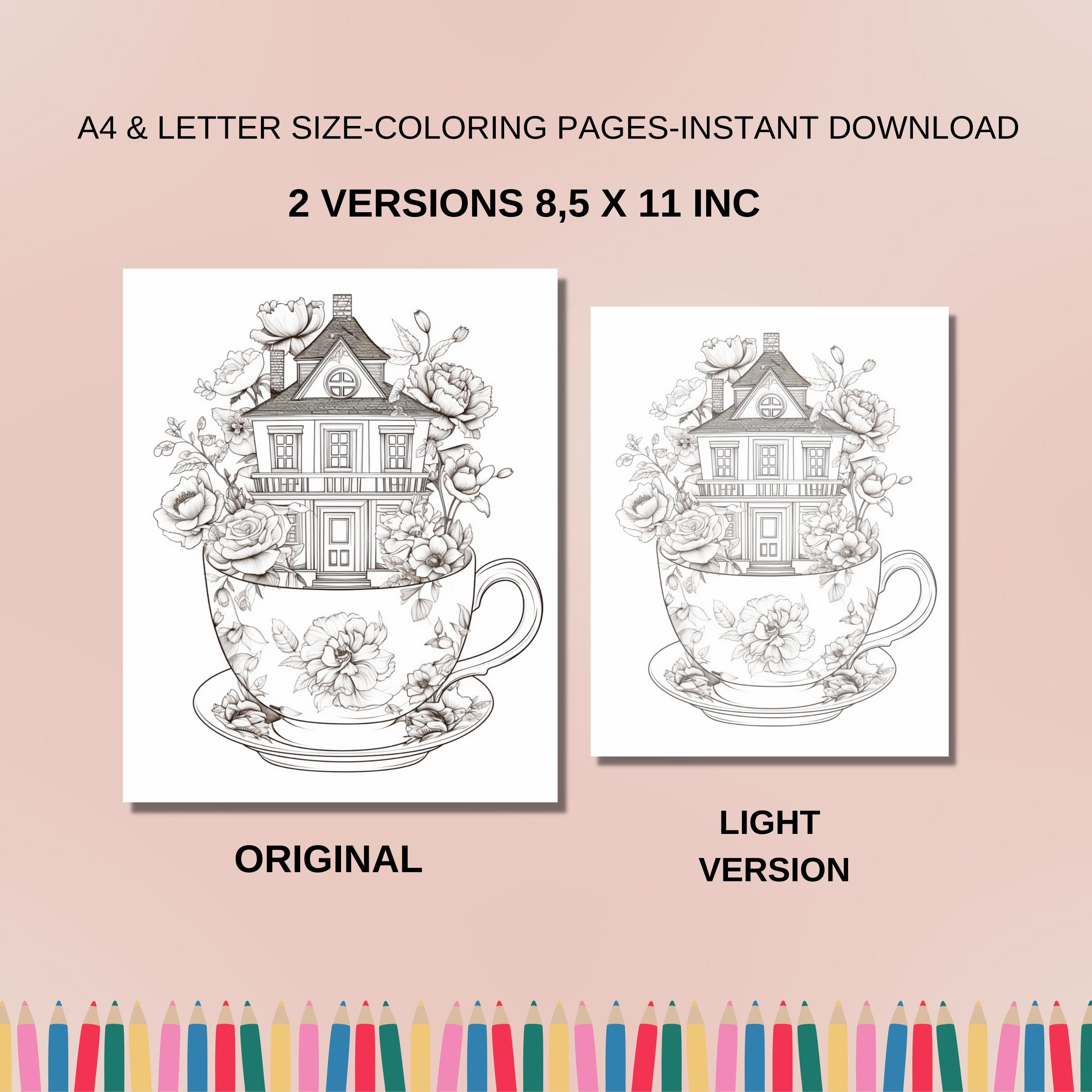 40 Floral Teacup Houses Coloring Book Pages, Coffee Cup Home, Fantasy ...