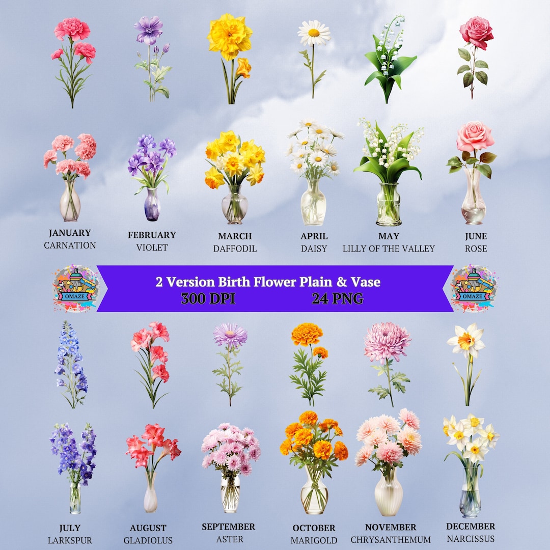 24 Watercolor Birth Month Flower Clipart, Birth Flowers in Vase, Birth ...