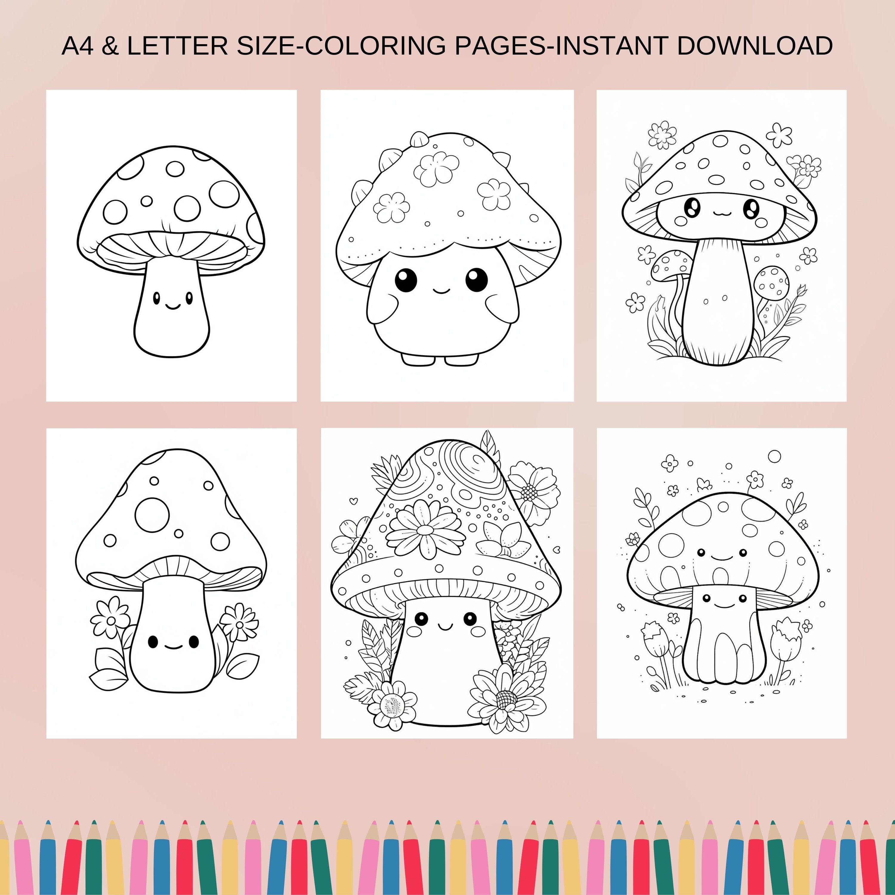 60 Cute Kawaii Mushrooms Coloring Book, Cute Mushrooms Coloring Sheets ...