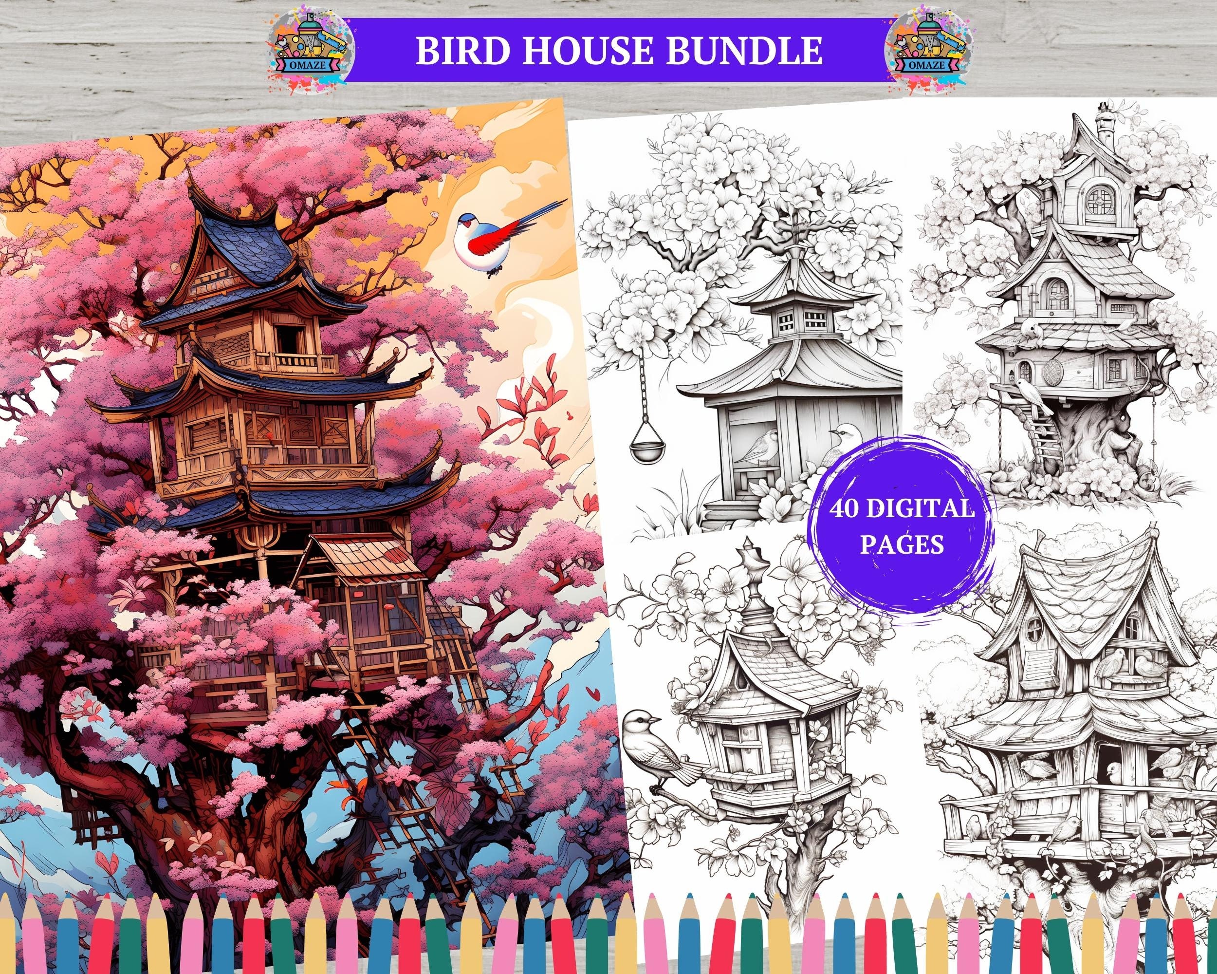 40 Bird-style Fairy Houses Coloring Book Pages Bird Houses Cute ...