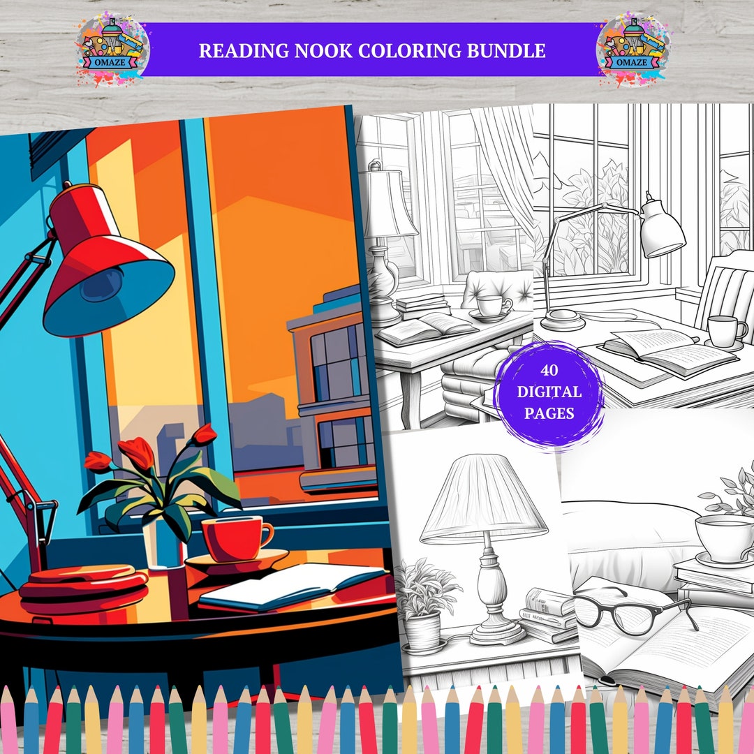 40 Reading Nook Coloring Pages Book Nook Pages, Bookshelf Coloring ...