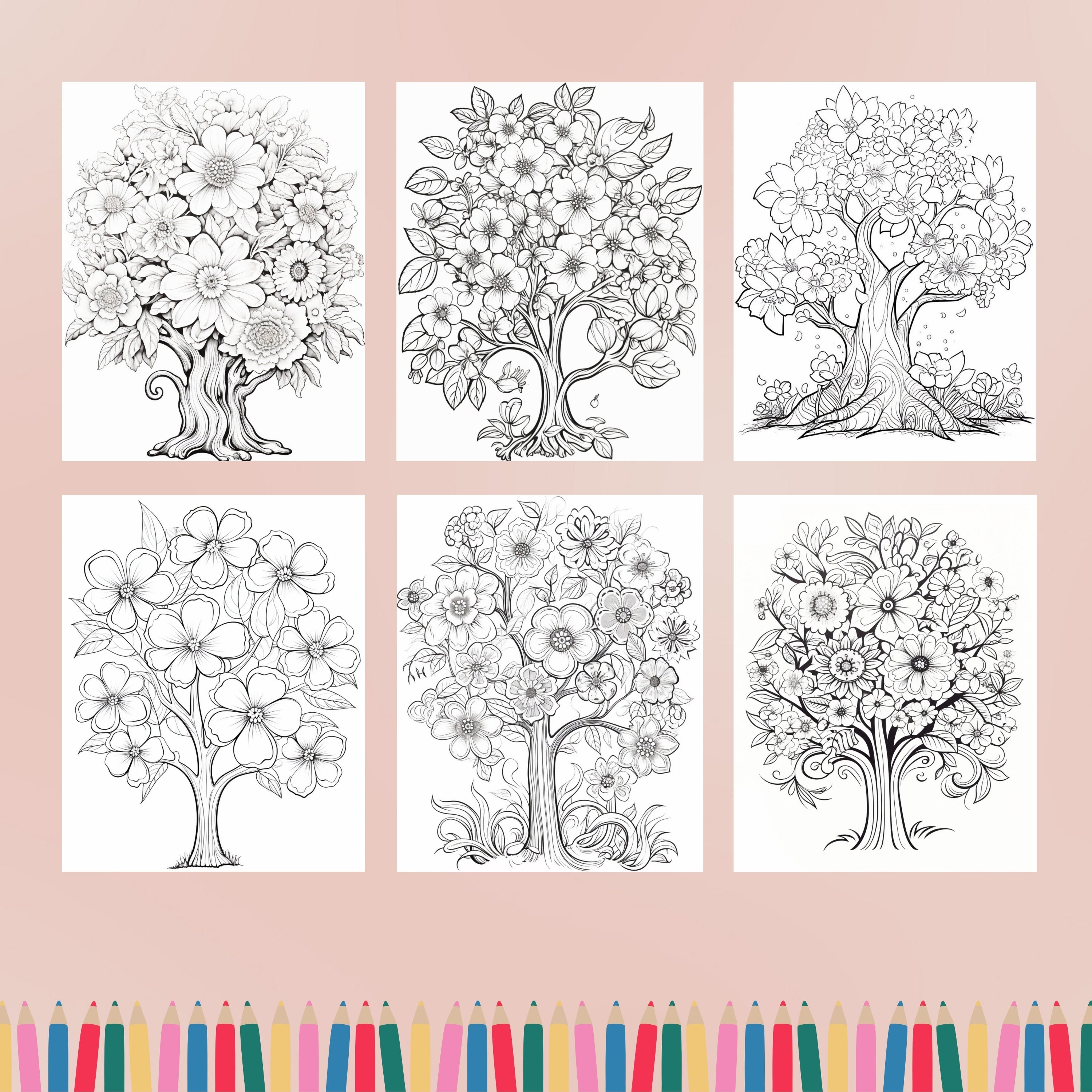 60 Floral Tree Coloring Book, Blooming Trees, Enchanted Fantasy Tree ...