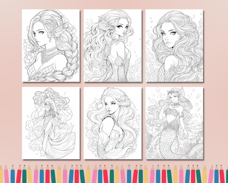 60 Anime Mermaids Coloring Page Manga Fantasy Greyscale Coloring Book ...