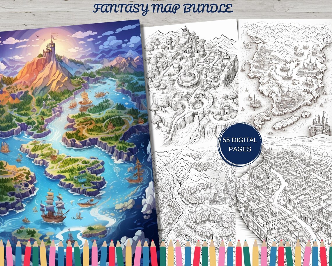 55 Fantasy Map Coloring Pages Adult and Kids Coloring Book, Fantasy ...