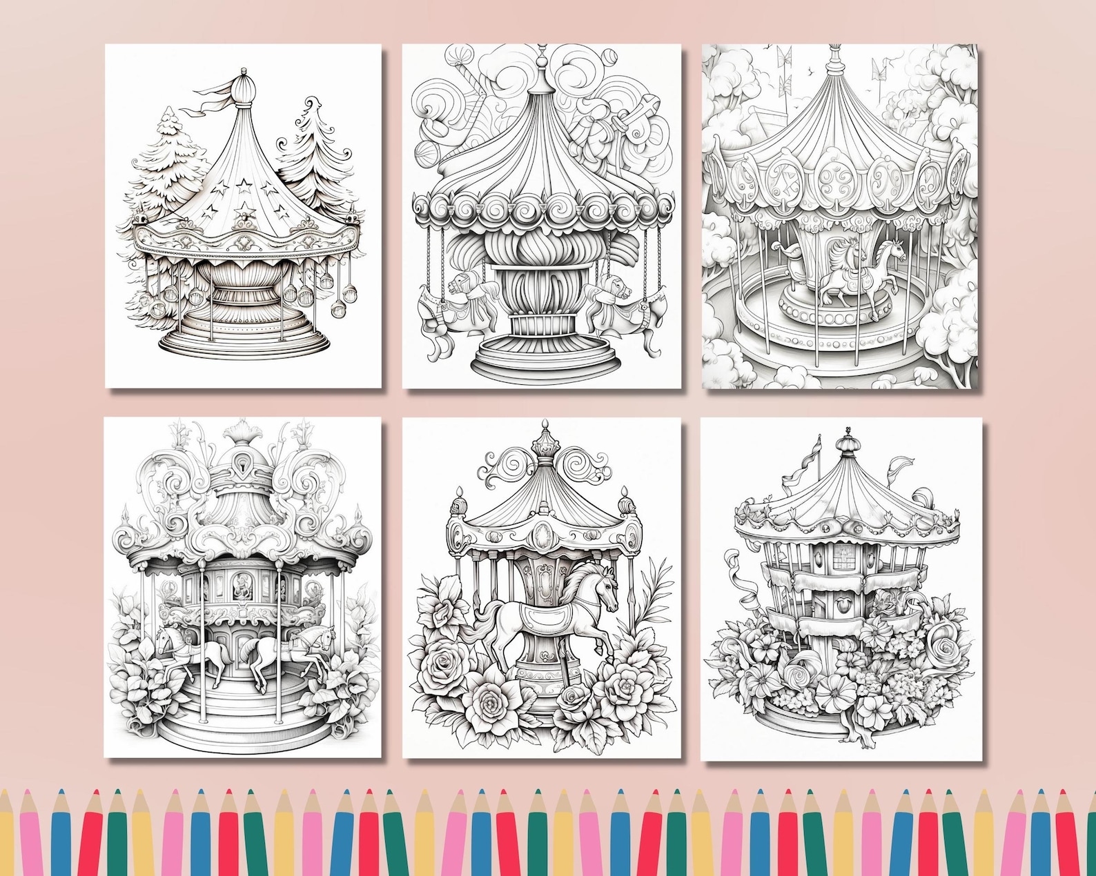 50 Bloming Carousel Coloring Book Pages Carousel Horse Coloring Sheets ...