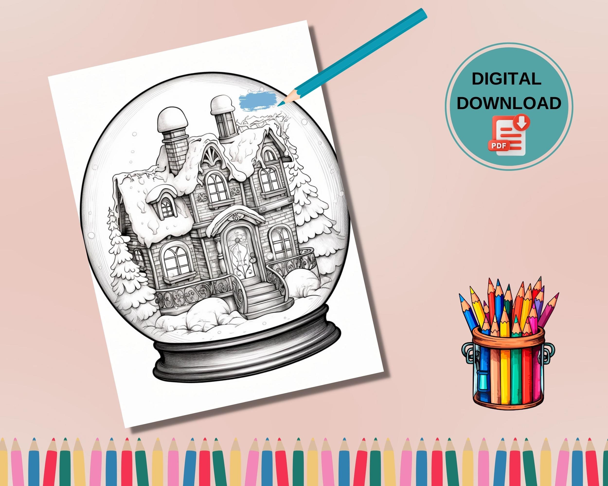 65 Christmas Snow Globes Coloring Book, Printable Xmas Coloring Pages ...