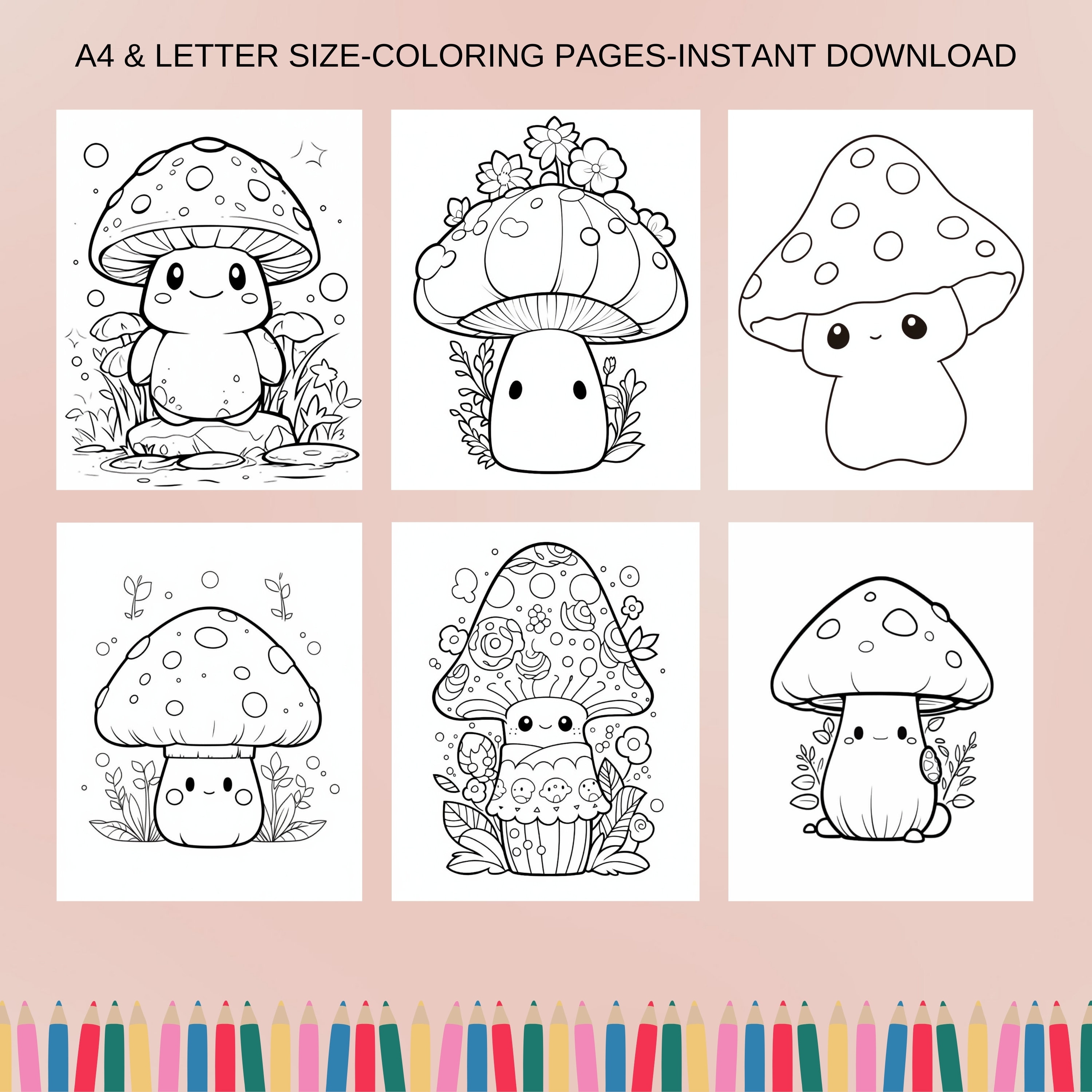 60 Cute Kawaii Mushrooms Coloring Book, Cute Mushrooms Coloring Sheets ...