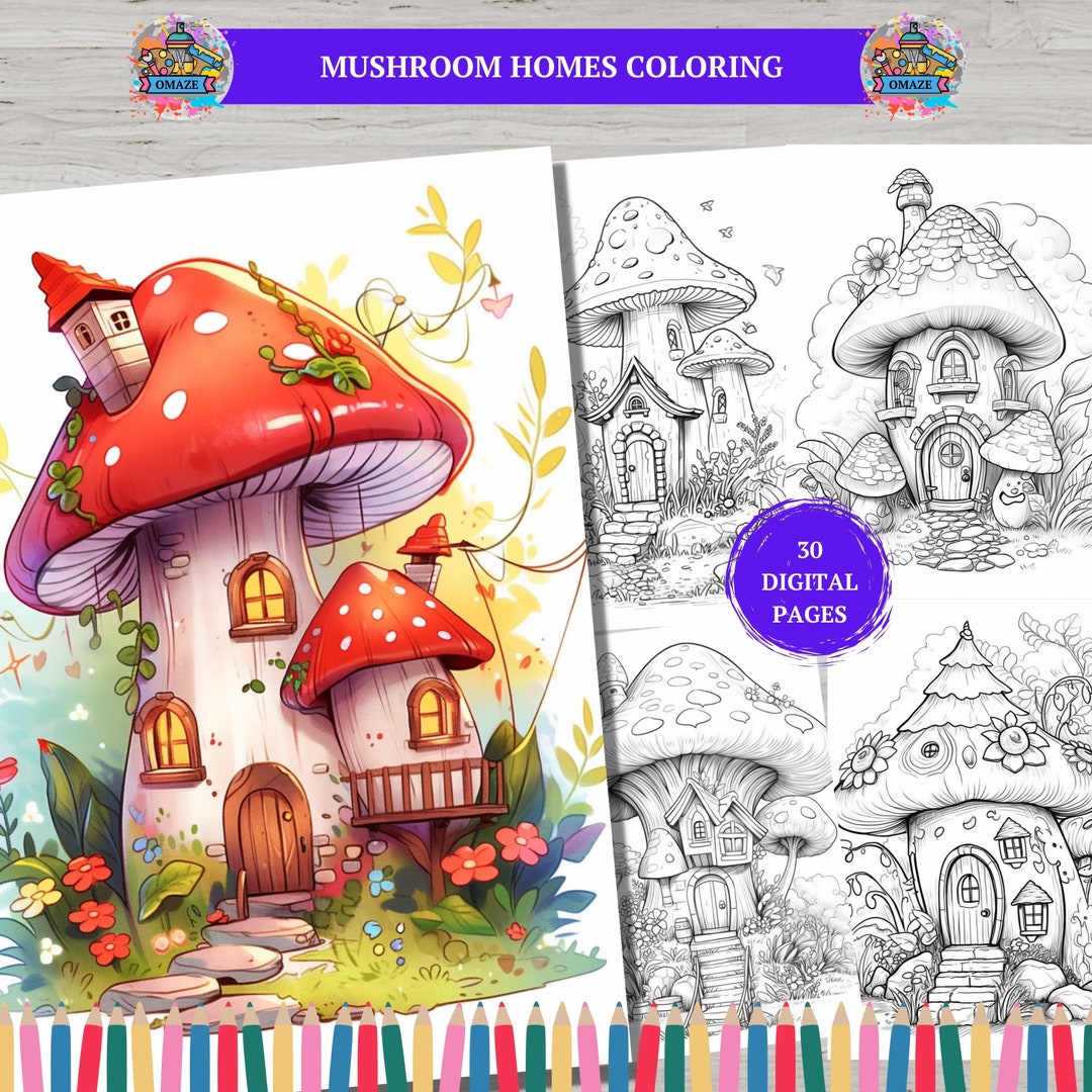 30 Mushroom Houses Coloring Page , Blooming Mushrooms, Coloring Book ...