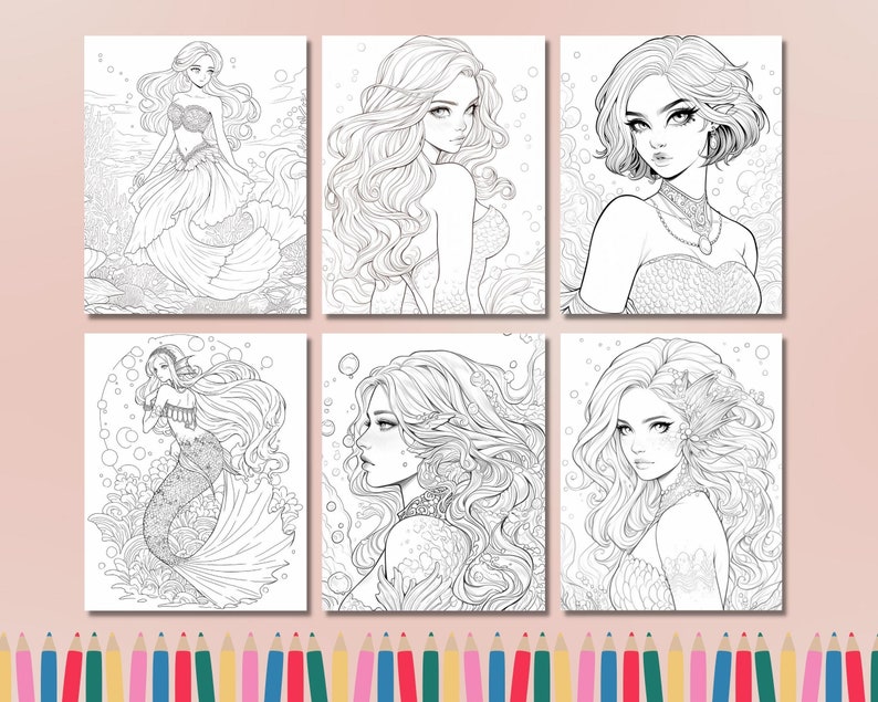 60 Anime Mermaids Coloring Page Manga Fantasy Greyscale Coloring Book ...