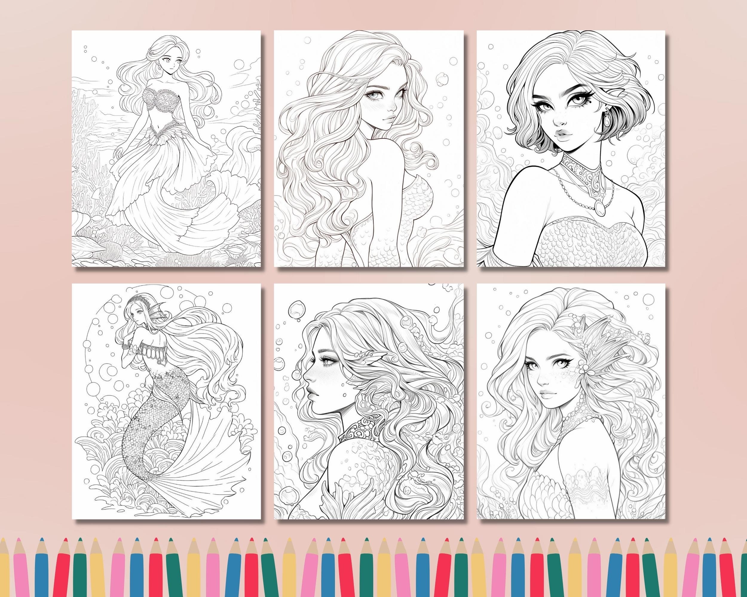 60 Anime Mermaids Coloring Page Manga Fantasy Greyscale Coloring Book ...