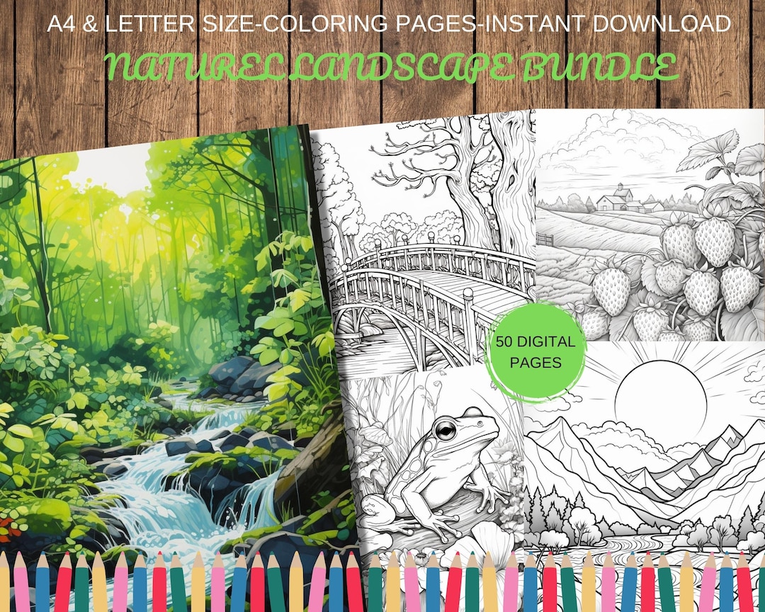 50 Nature Scenes Coloring Books, Nature Coloring Sheets - Printable PDF ...