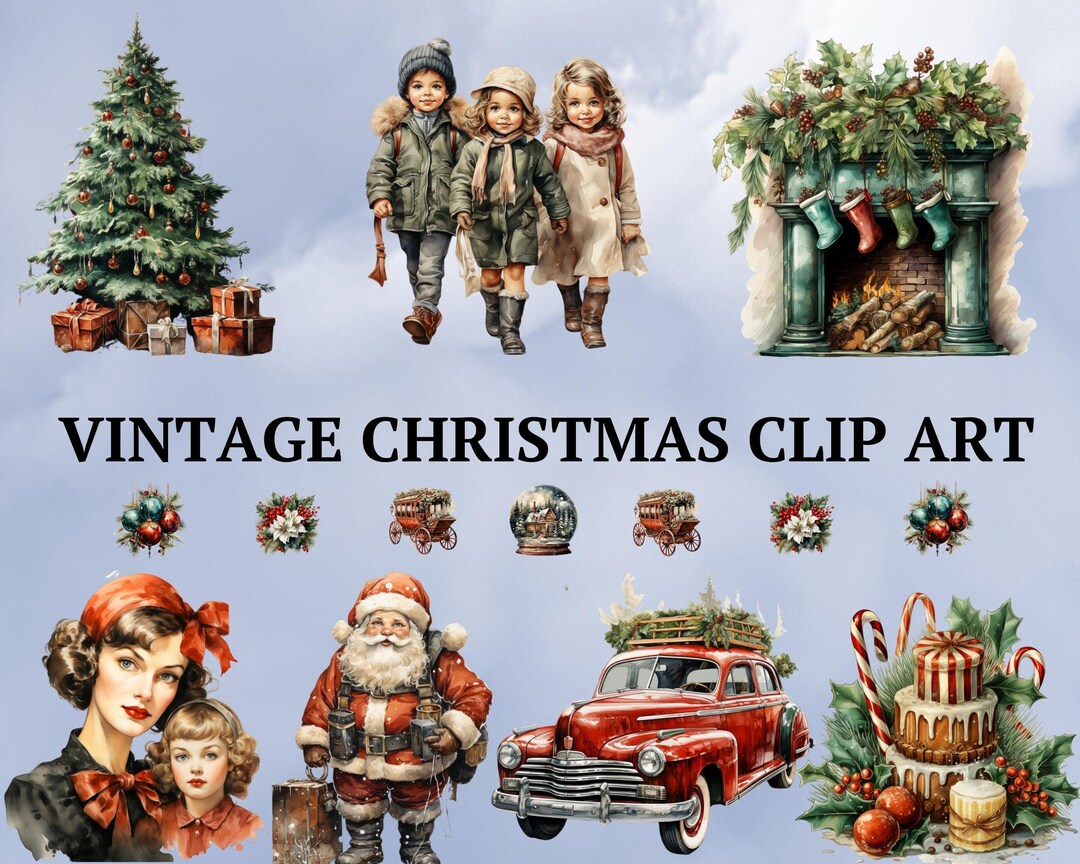 40 PNG Watercolour Vintage Christmas Clipart, Retro Christmas ...