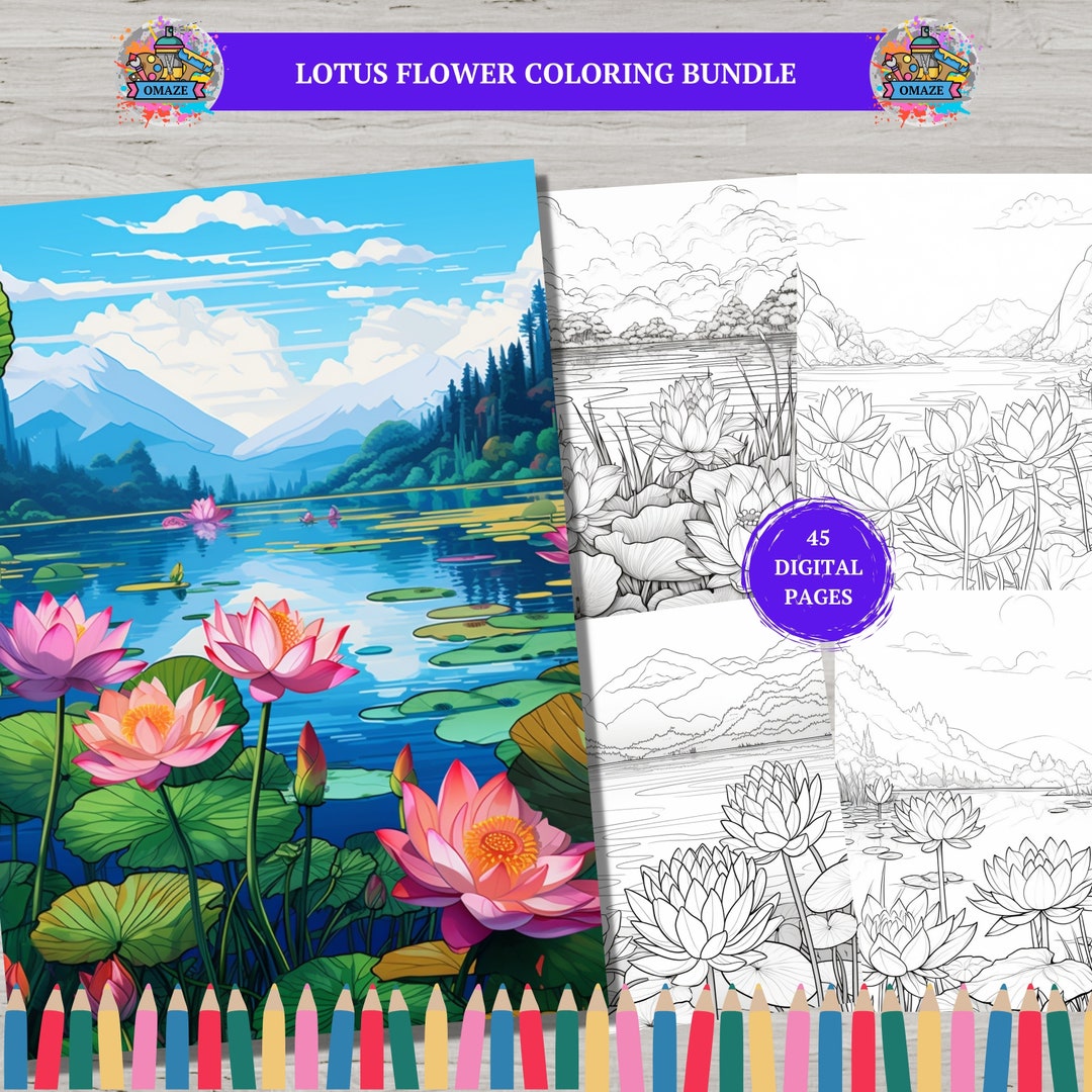 45 Lotus Flowers Coloring Book Page, Landscape Coloring Sheet ...