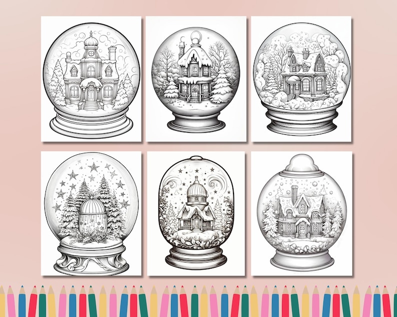 65 Christmas Snow Globes Coloring Book, Printable Xmas Coloring Pages ...
