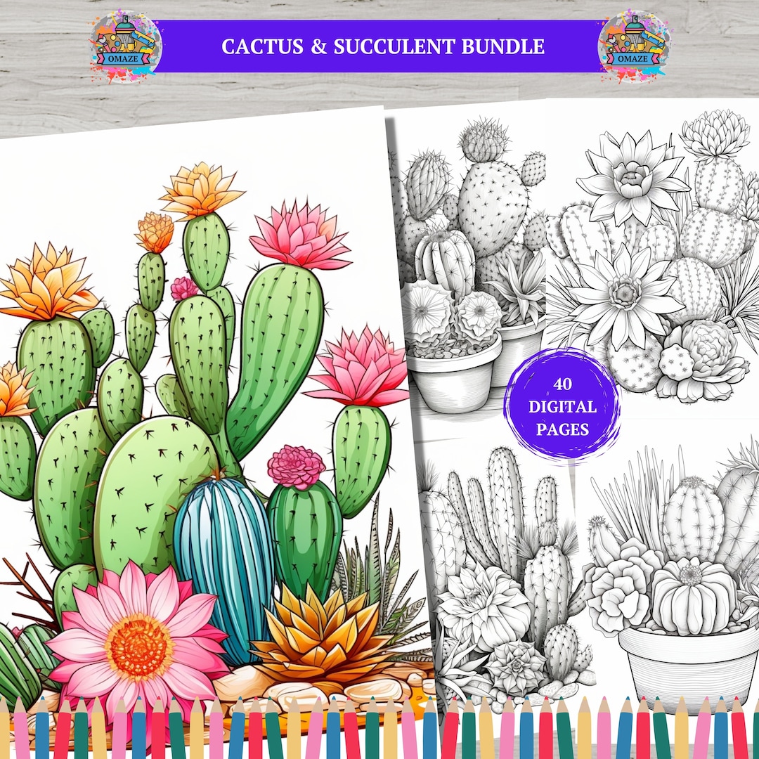 40 Floral Cactus & Succulent Coloring Book, Blooming Cactus Cactus ...