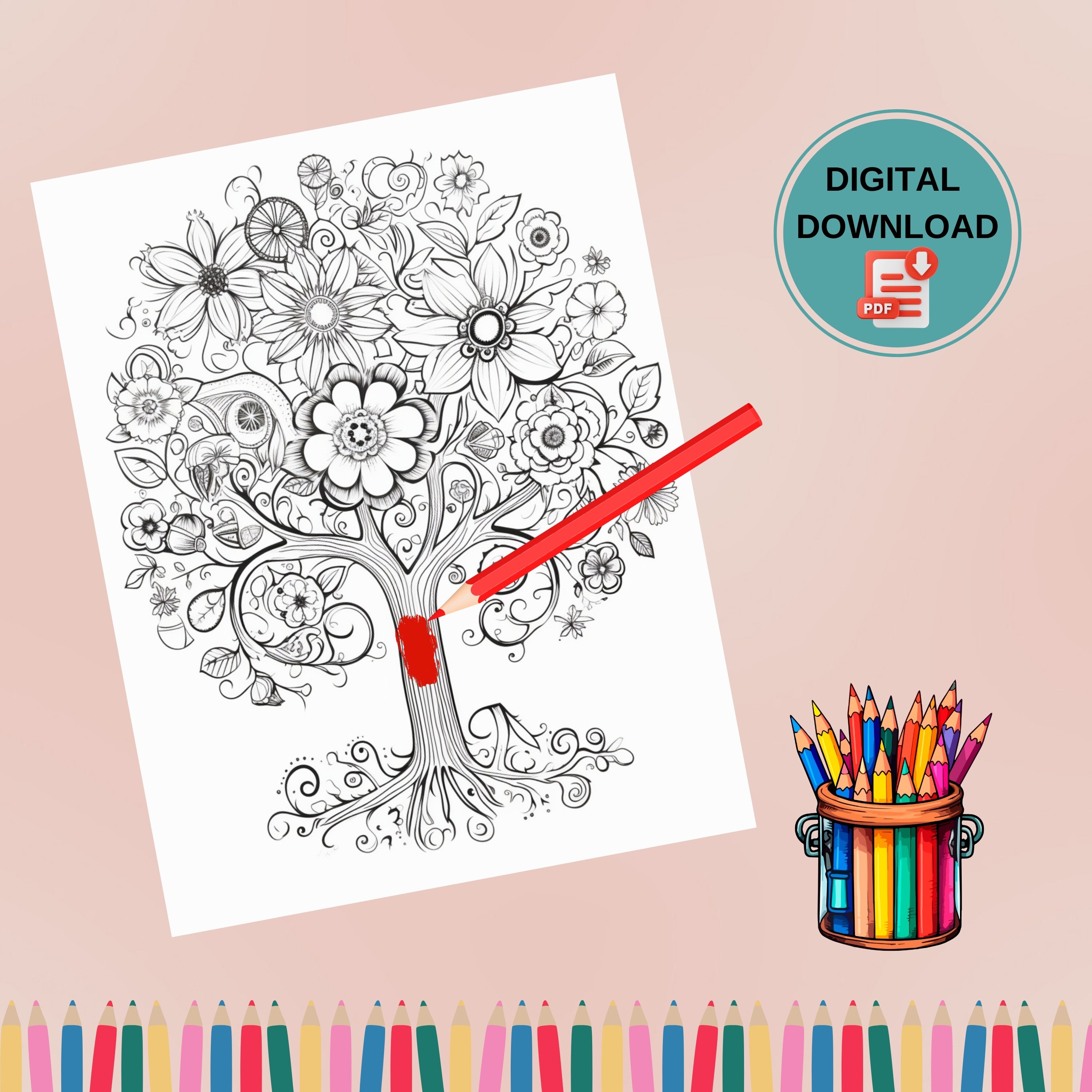 60 Floral Tree Coloring Book, Blooming Trees, Enchanted Fantasy Tree ...