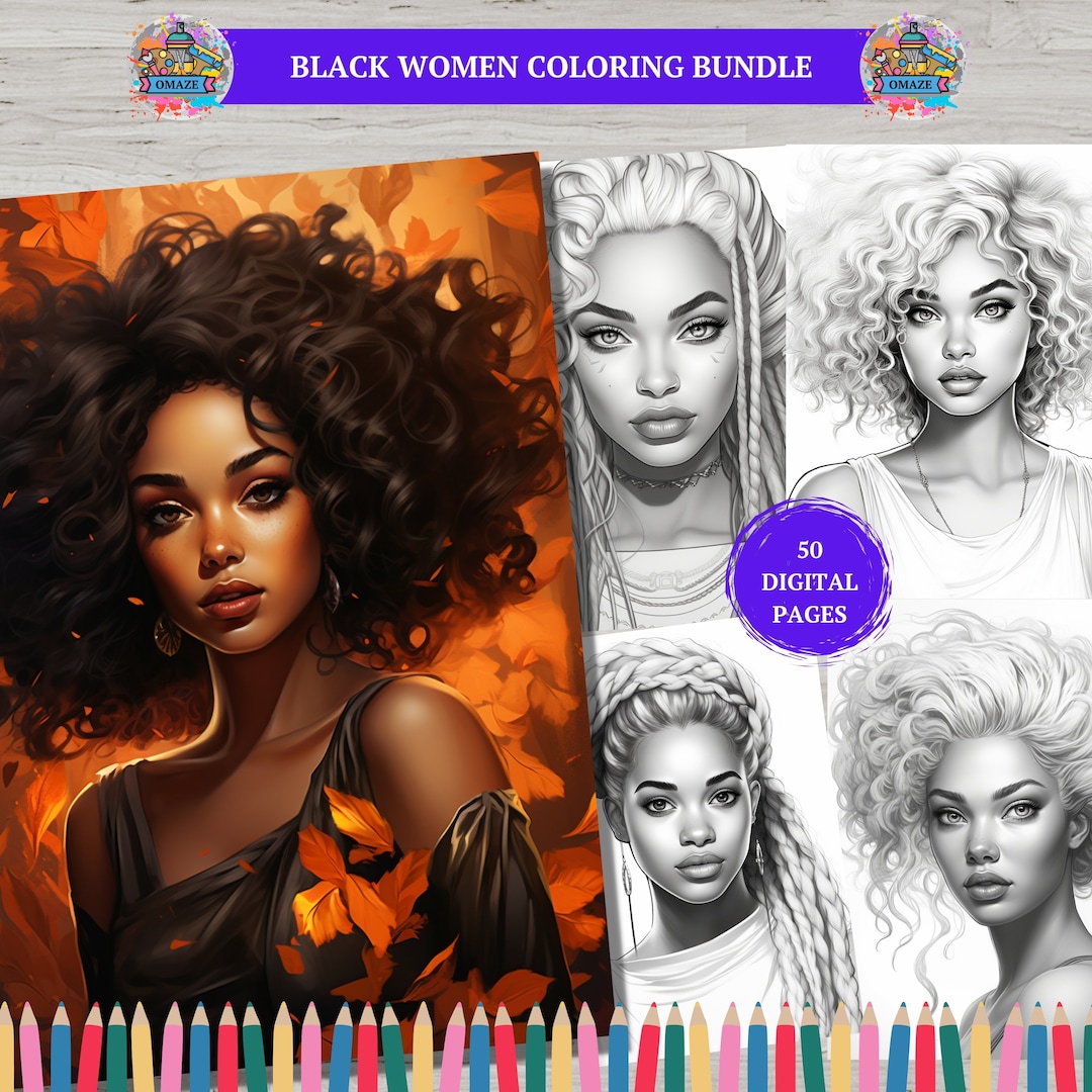 50 Beautiful Black Women Coloring Book Pages, Portraits Girl, Grayscale ...