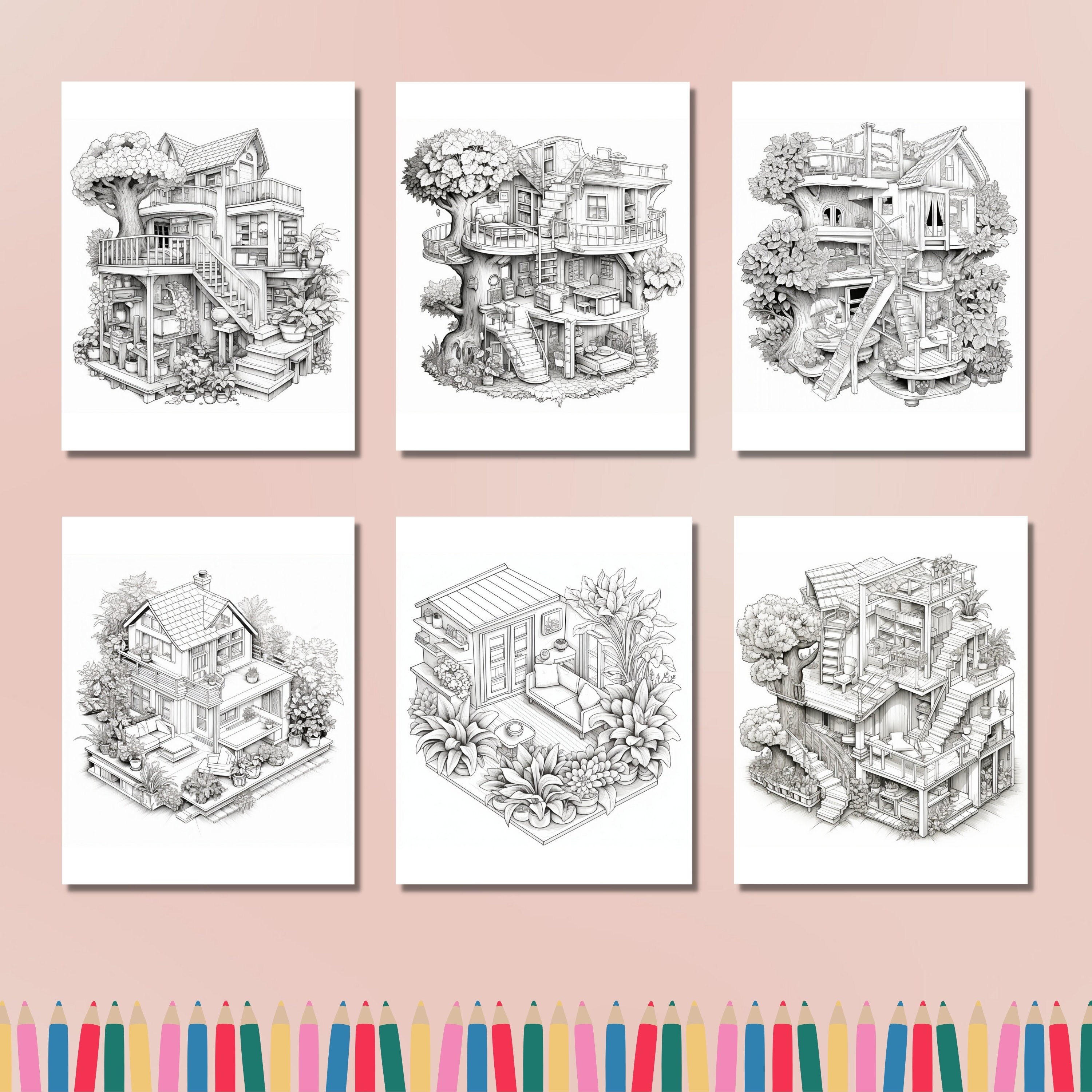 40 Isometric Room Coloring Pages, Fantasy Interior Isometric Coloring ...