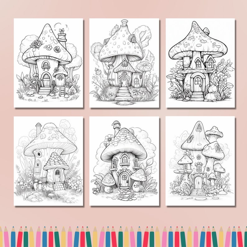 30 Mushroom Houses Coloring Page Blooming Mushrooms - Etsy