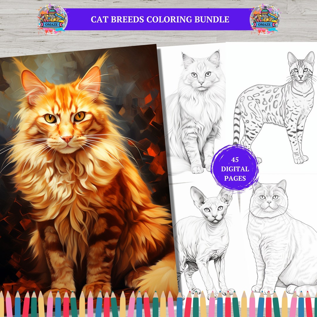 45 Cat Breeds Coloring Page Book, Adults and Kids- Instant Download ...