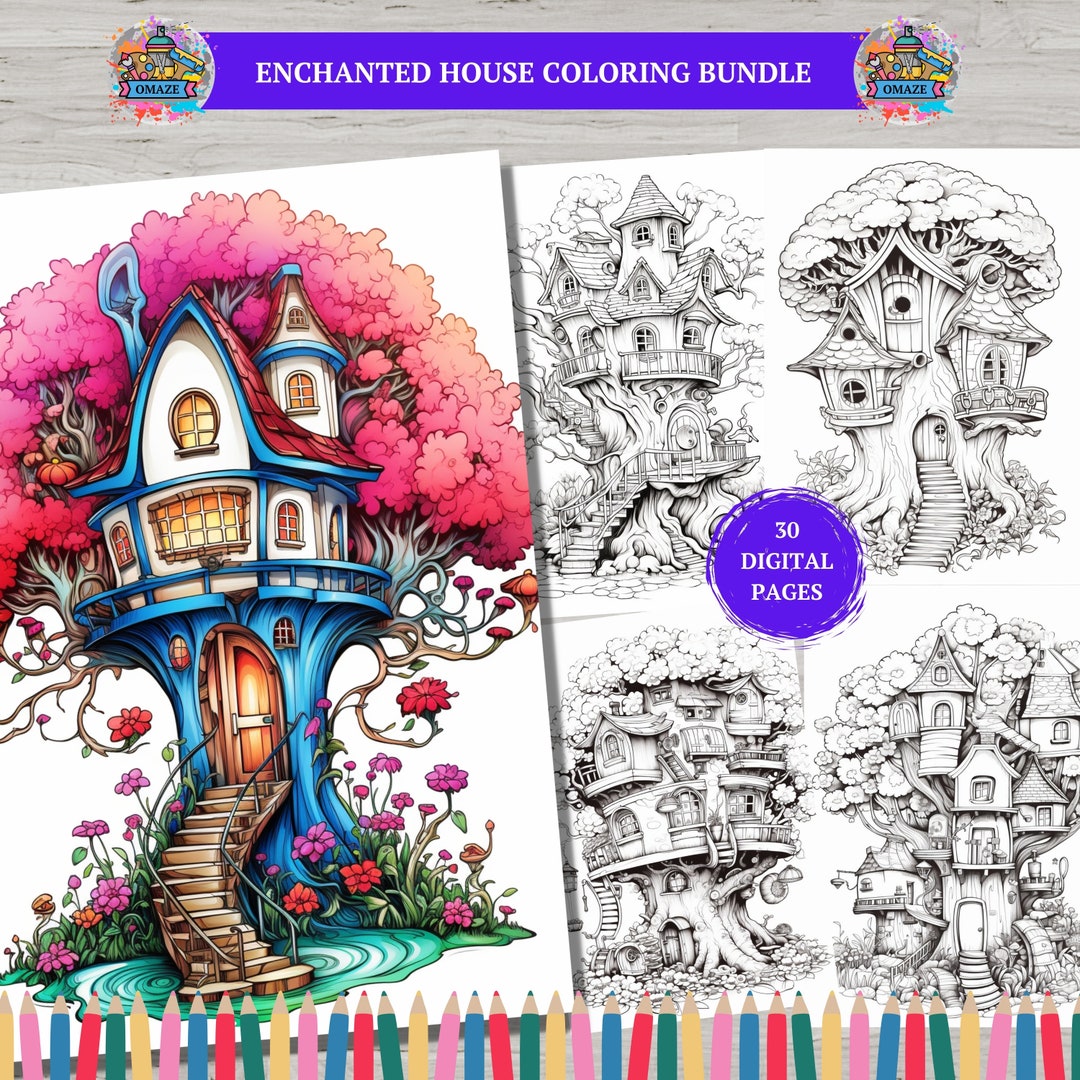 30 Enchanted Fairy Home Coloring Pages - Grayscale Colorpage, Adult and ...