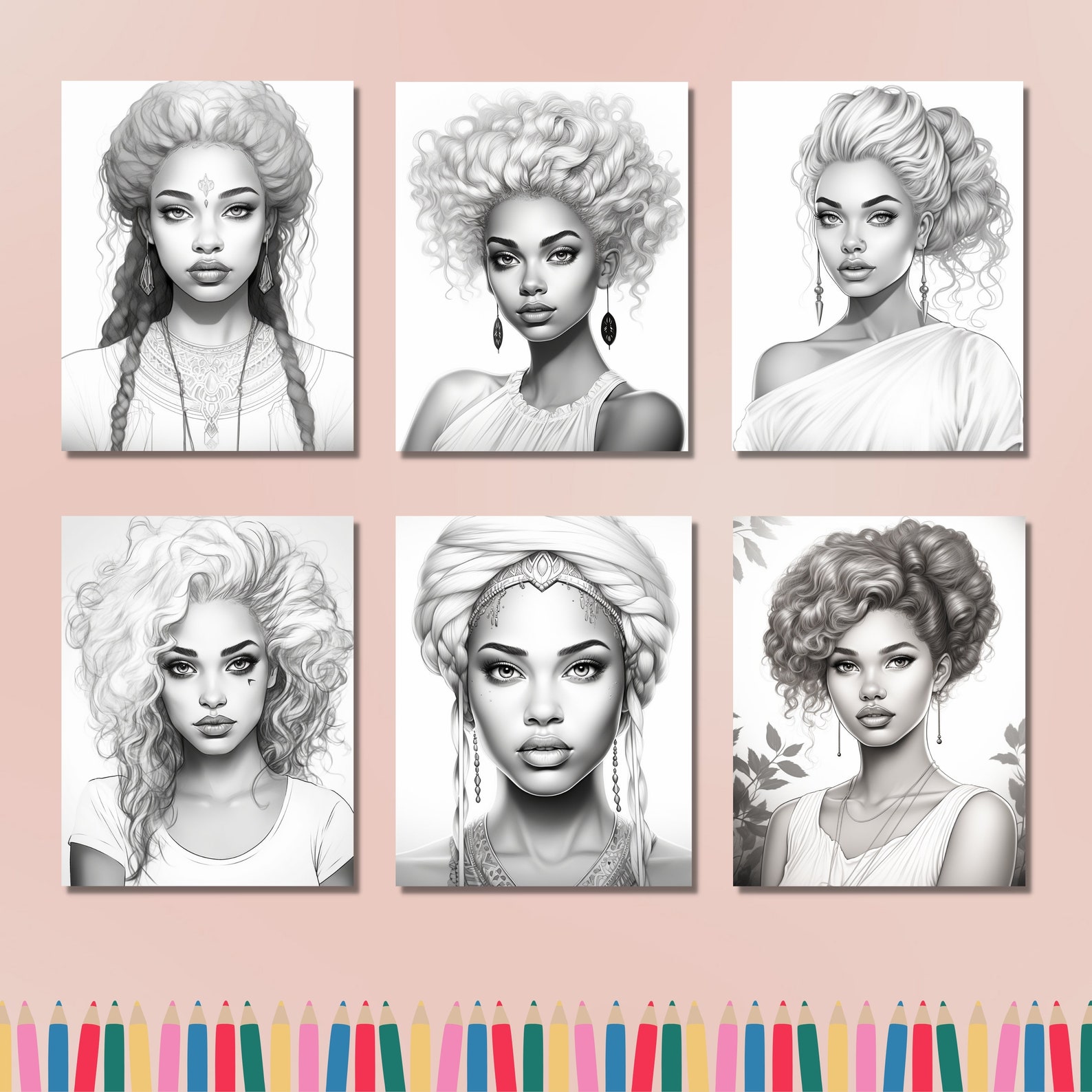 50 Beautiful Black Women Coloring Book Pages, Portraits Girl, Grayscale ...