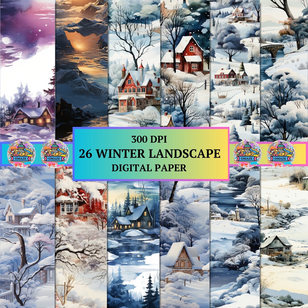 26 Watercolor Winter Landscape Digital Paper, Christmas Scene Backdrop ...