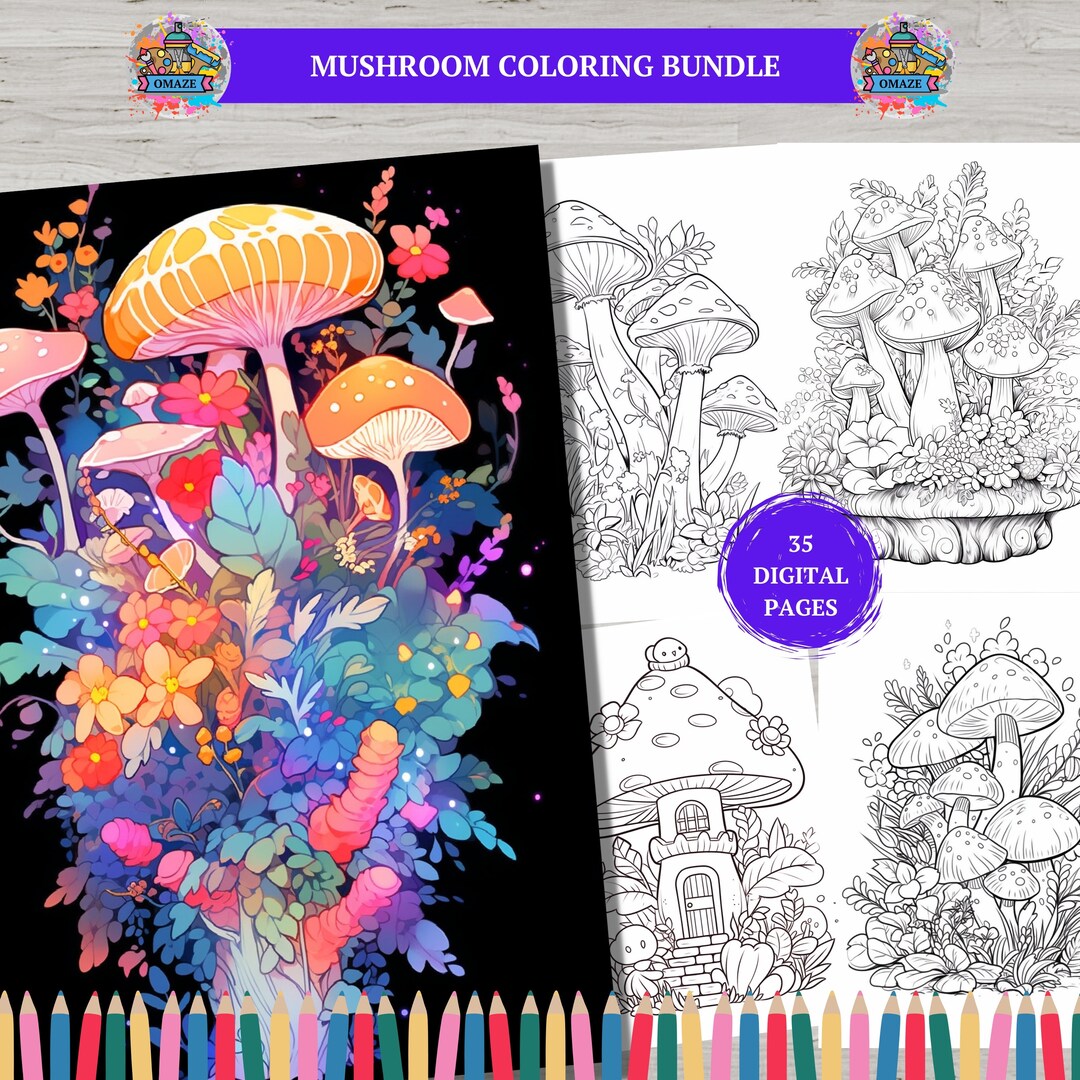 35 Blooming Mushrooms Coloring Book Pages, Fantasy Floral, Mushroom ...