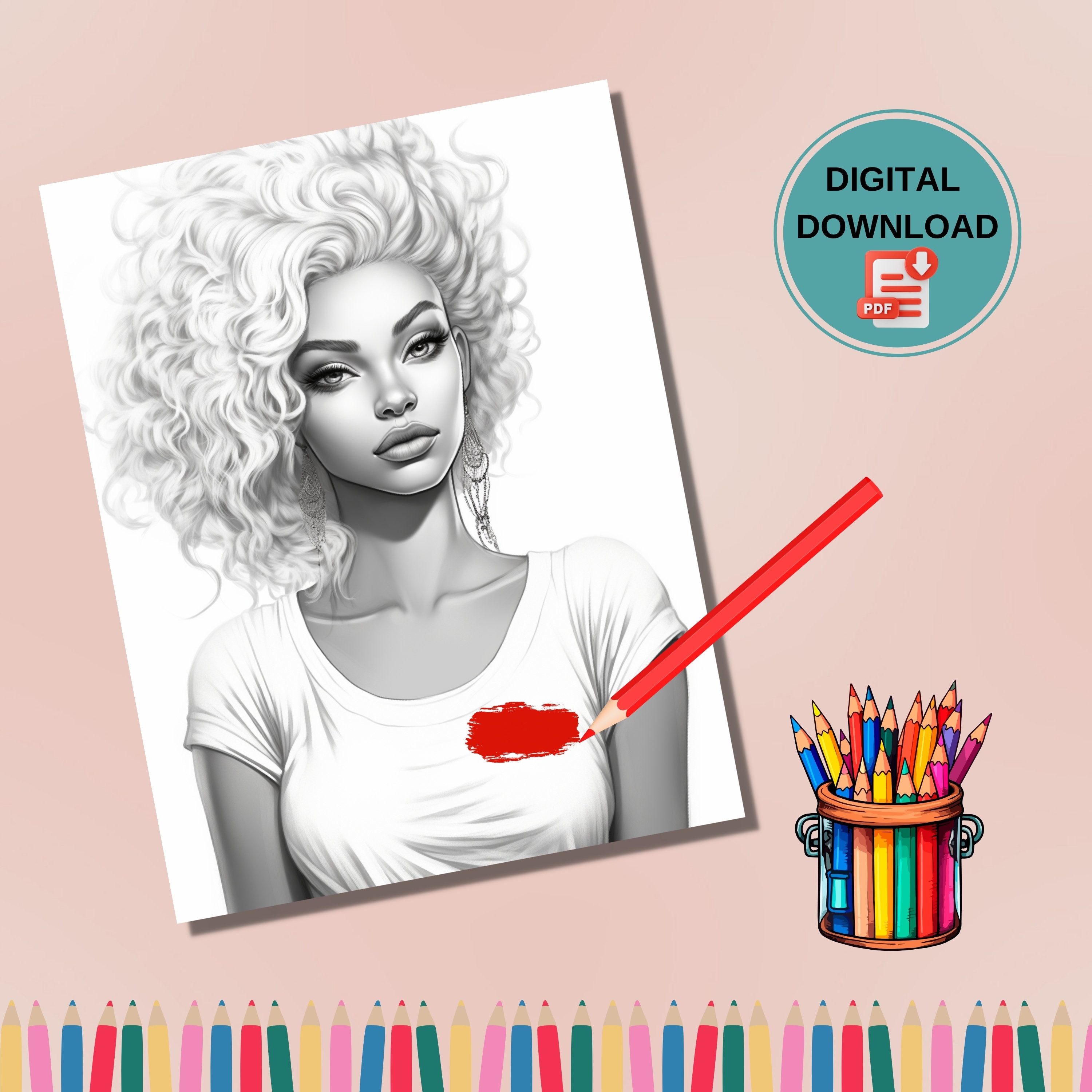 50 Beautiful Black Women Coloring Book Pages, Portraits Girl, Grayscale ...